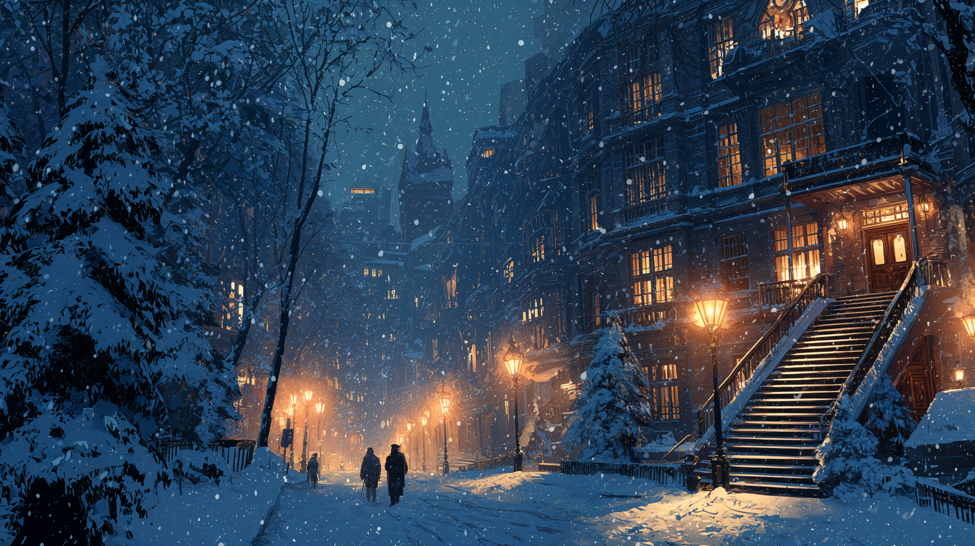 4K Ultra HD Winter Night — Snowfall on Lantern-Lit Street by robokoboto