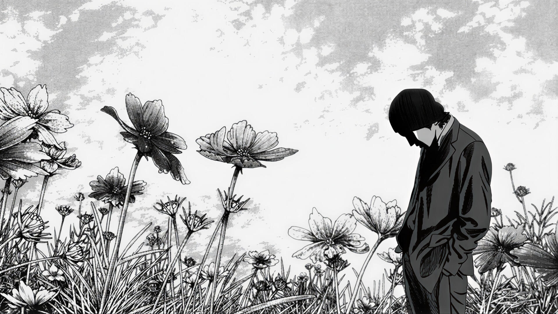 Manga Homunculus — Monochrome Solitude in a Flower Field (HD Wallpaper)