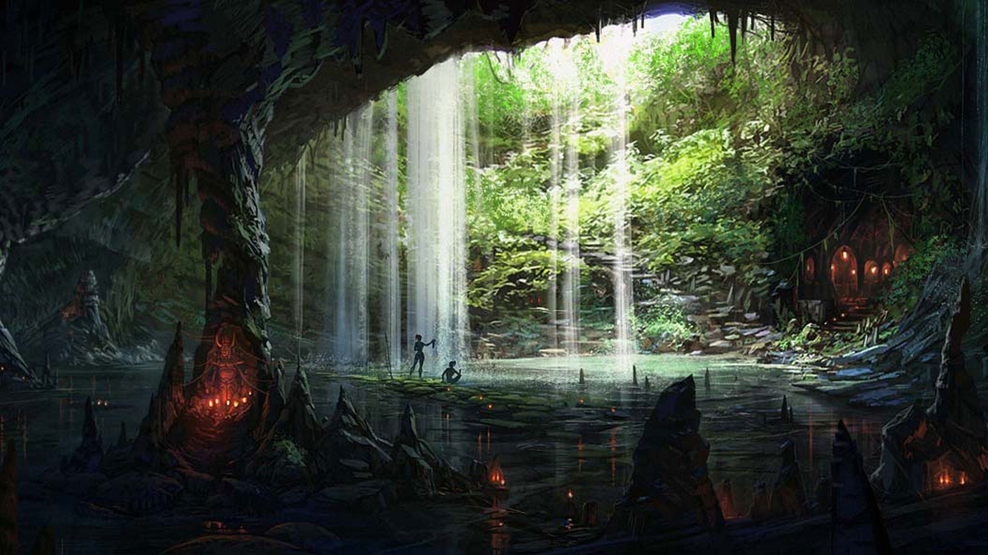 Hidden Oasis: Stunning Nature Cave HD Wallpaper by Yohann Schepacz