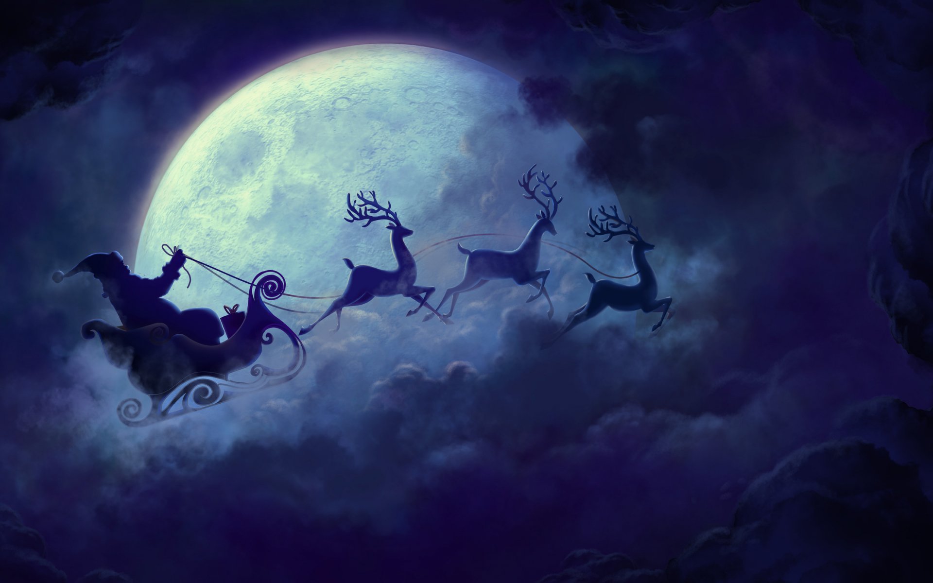 Moonlit Santa Sleigh - HD Christmas Wallpaper