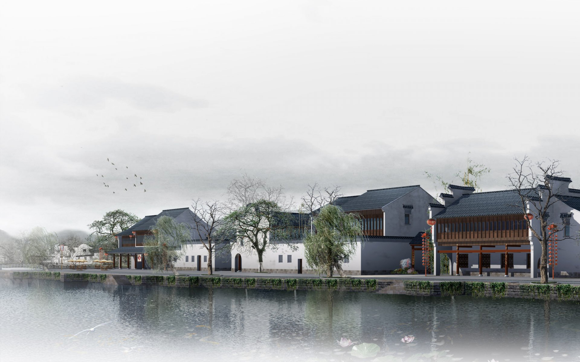Misty Riverside Houses — Artistic 2K Quad HD Wallpaper
