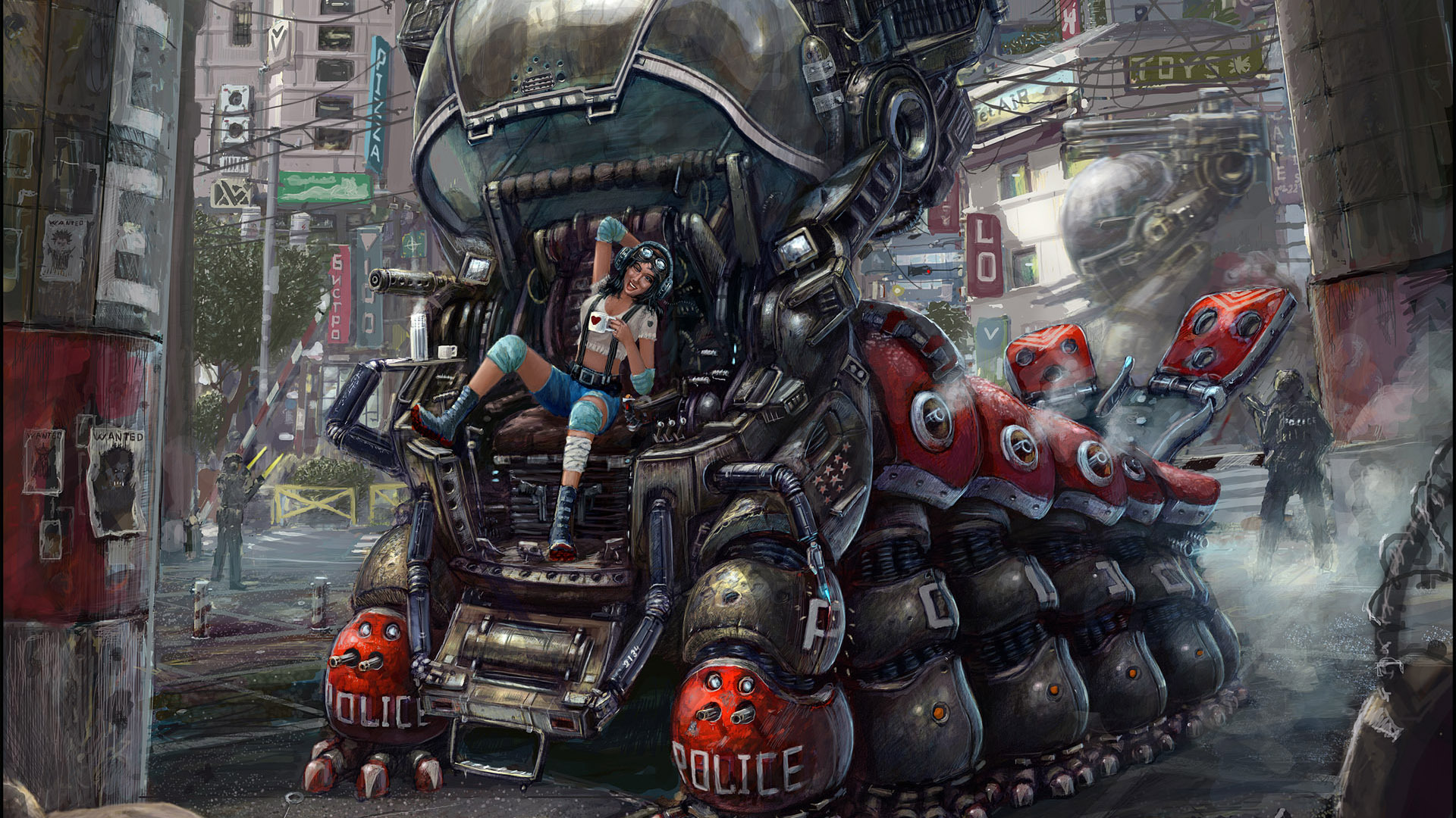 Futuristic Guardian: Fantasy Woman in Mechanical Exosuit HD Wallpaper