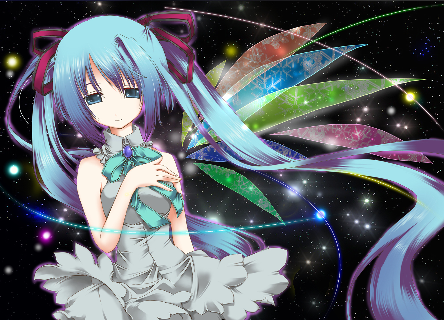 Download Feather Ribbon Dress Twintails Aqua Hair Star Night Sky ...