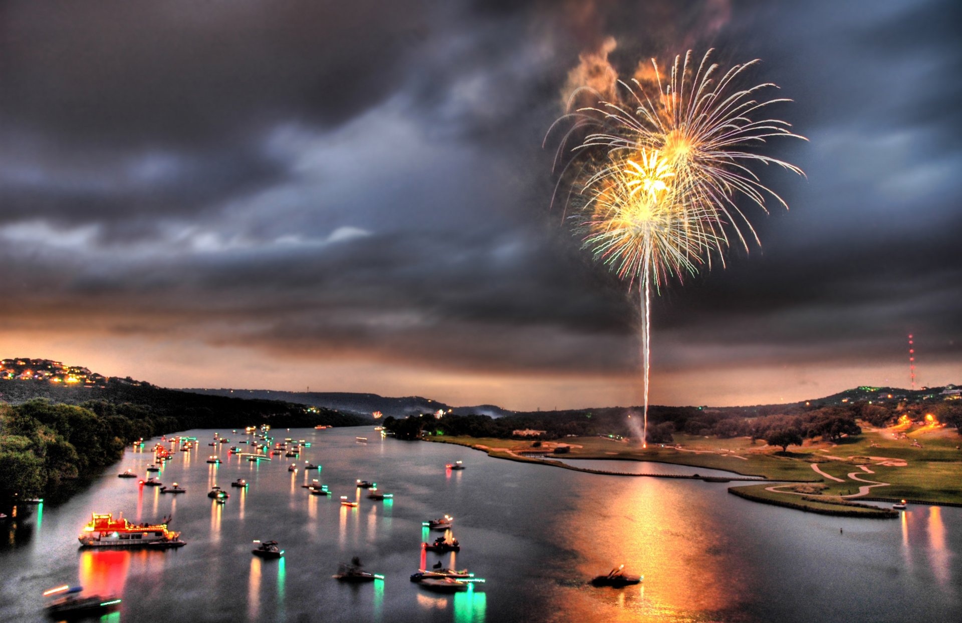Download River Photography Fireworks HD Wallpaper