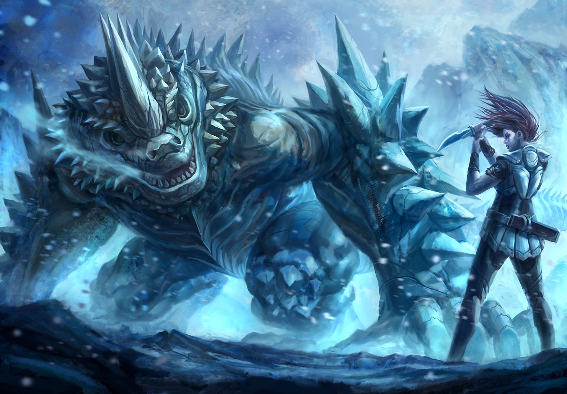 Epic Fantasy Creature HD Wallpaper: Frozen Beast and Warrior Showdown ...