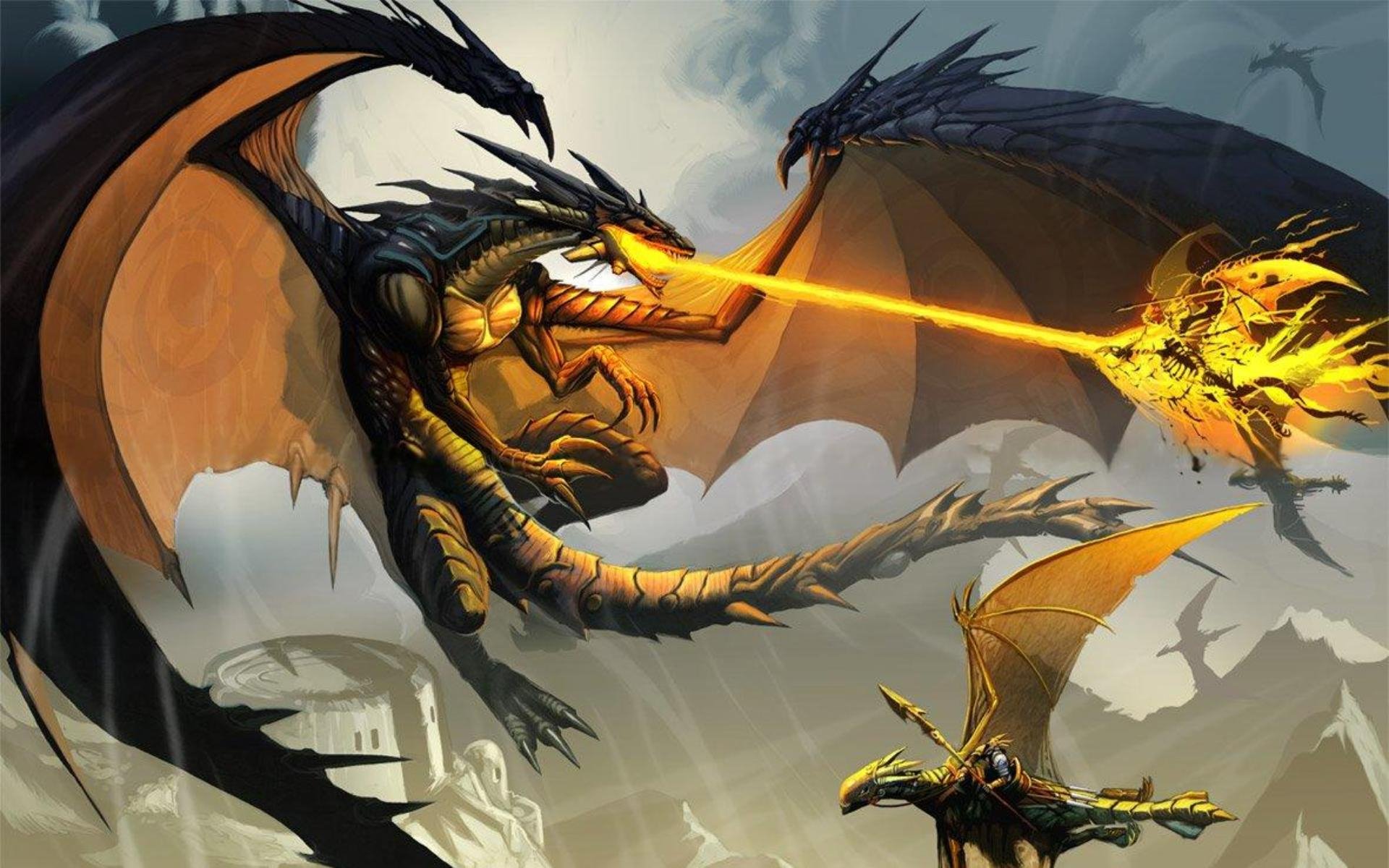 HD Fantasy Dragon Battle — Inferno Over Ruins | 1920x1200 | Wallpaper Abyss