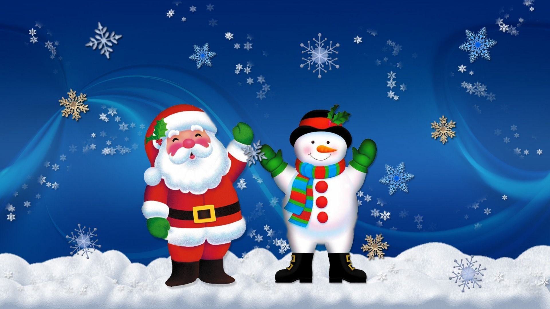Festive Snowy Joy: Santa & Snowman Celebrate Christmas Magic HD Wallpaper