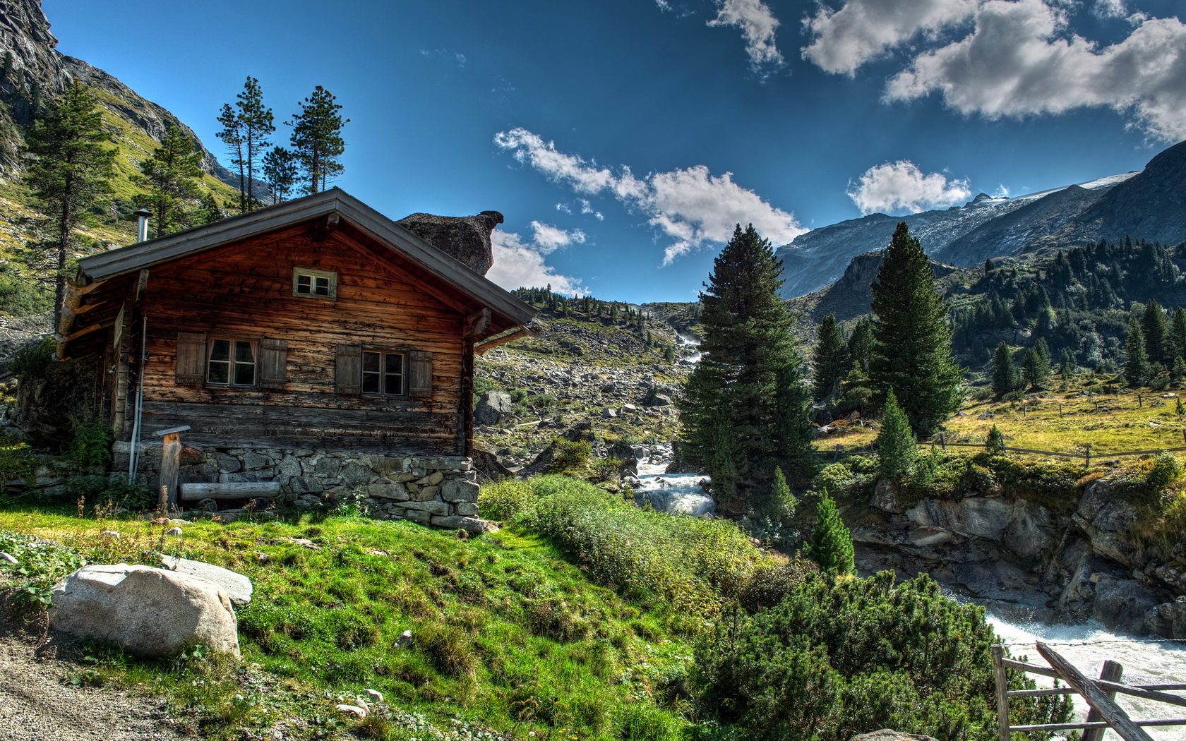 Rustic Mountain Cabin HD Wallpaper: Man-Made Serenity in Nature
