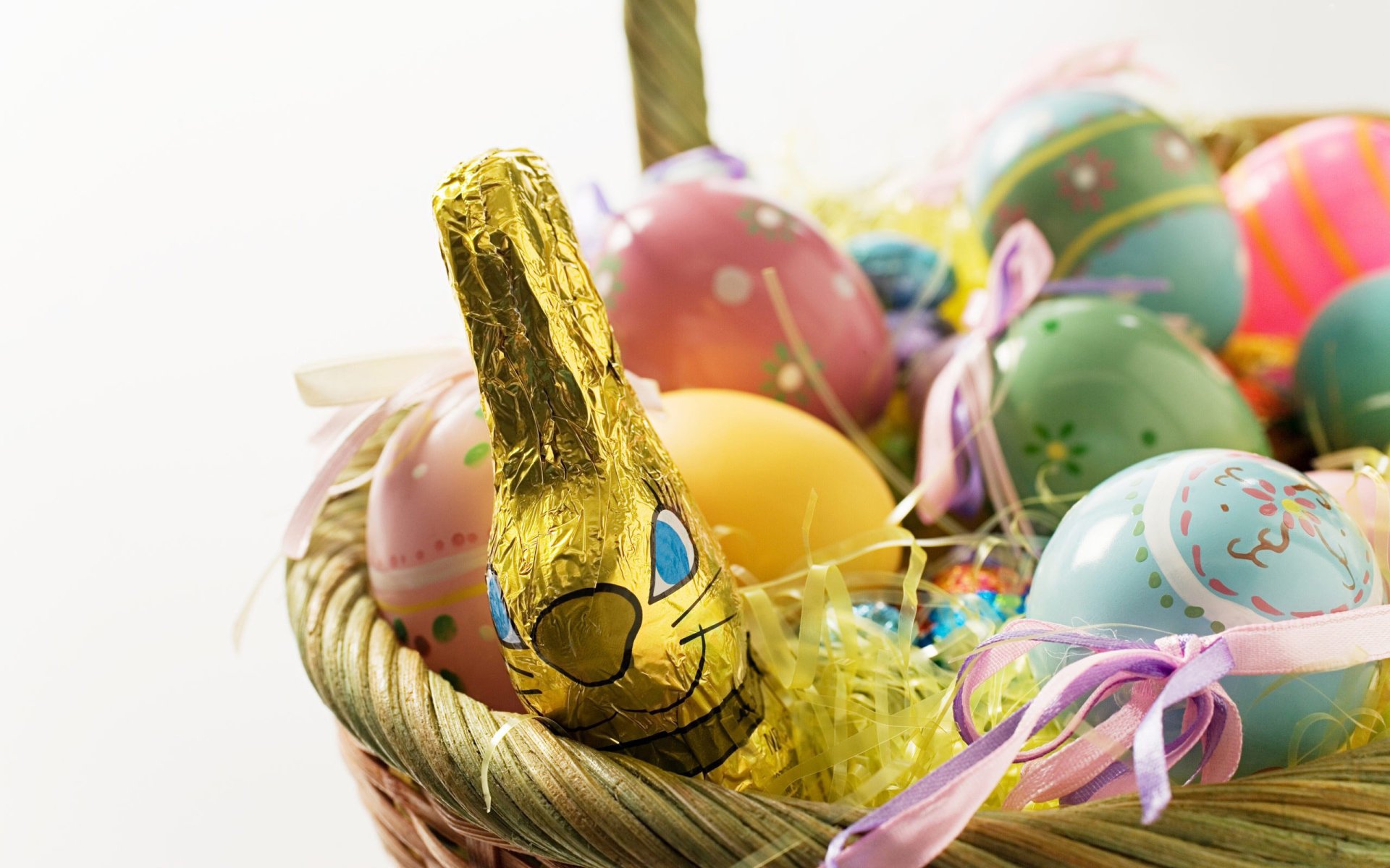 Easter Holiday HD Wallpaper: Colorful Eggs & Chocolate Bunny Basket ...
