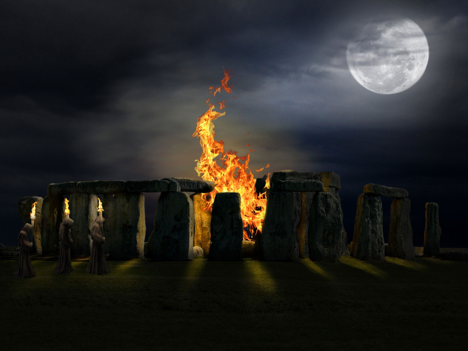Dark Occult Night: Fiery Ritual at Moonlit Stone Circle HD Wallpaper