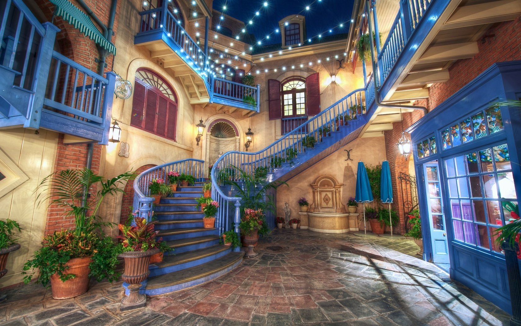 Enchanting Man-Made Courtyard: HD House Wallpaper Under Twinkling Lights