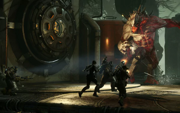 Evolve HD Wallpaper: Epic Monster vs Hunters Under the Blood Moon