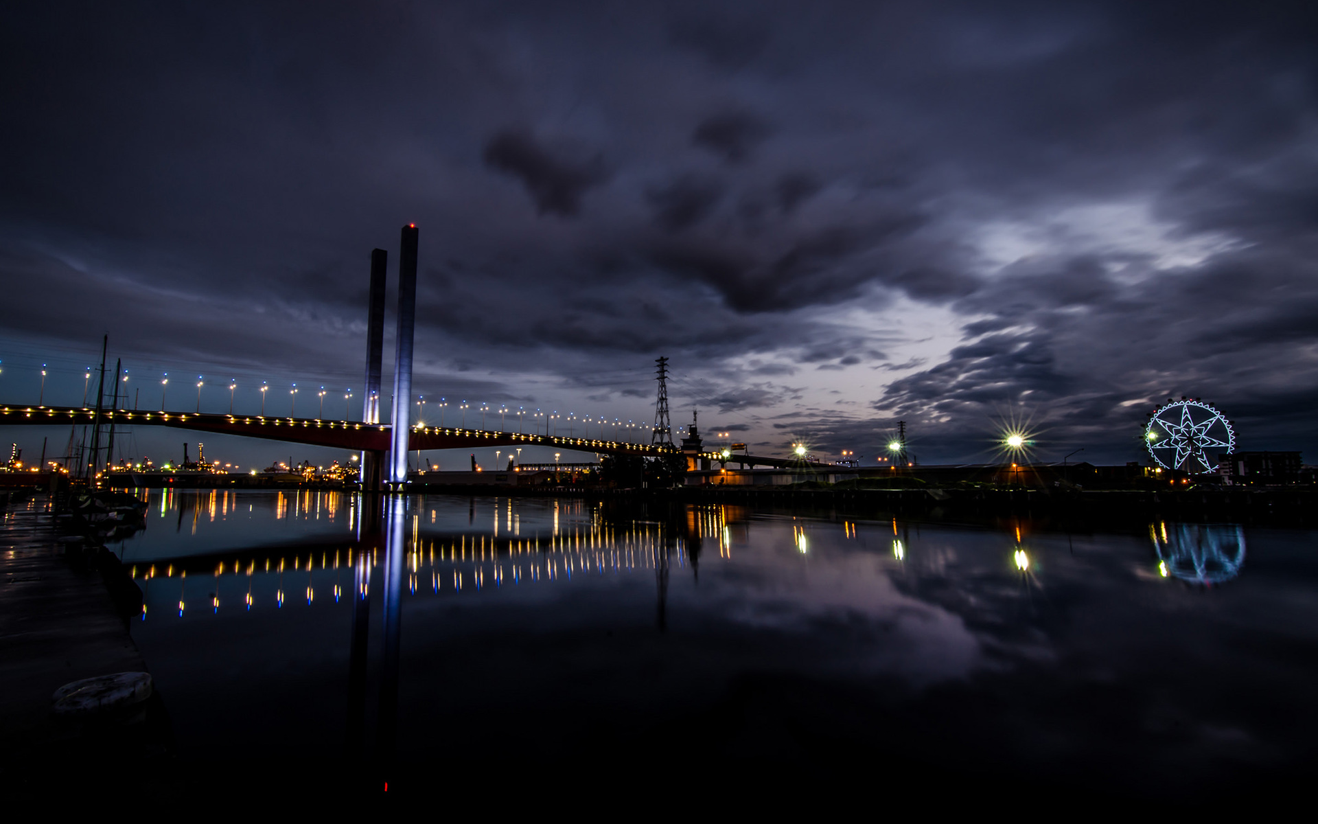 Bridge Lights Reflected: Night River HD Wallpaper