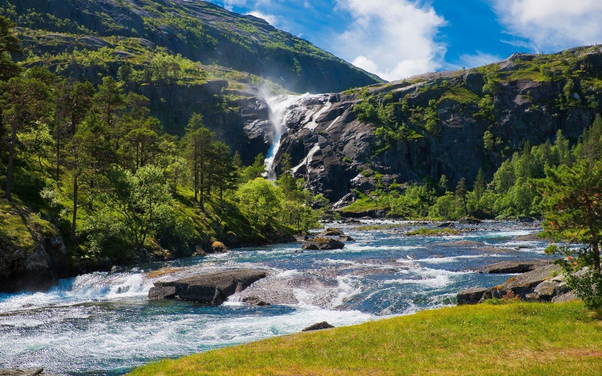 Summer Mountain Stream: Serene Waterfall and Clouds HD Wallpaper