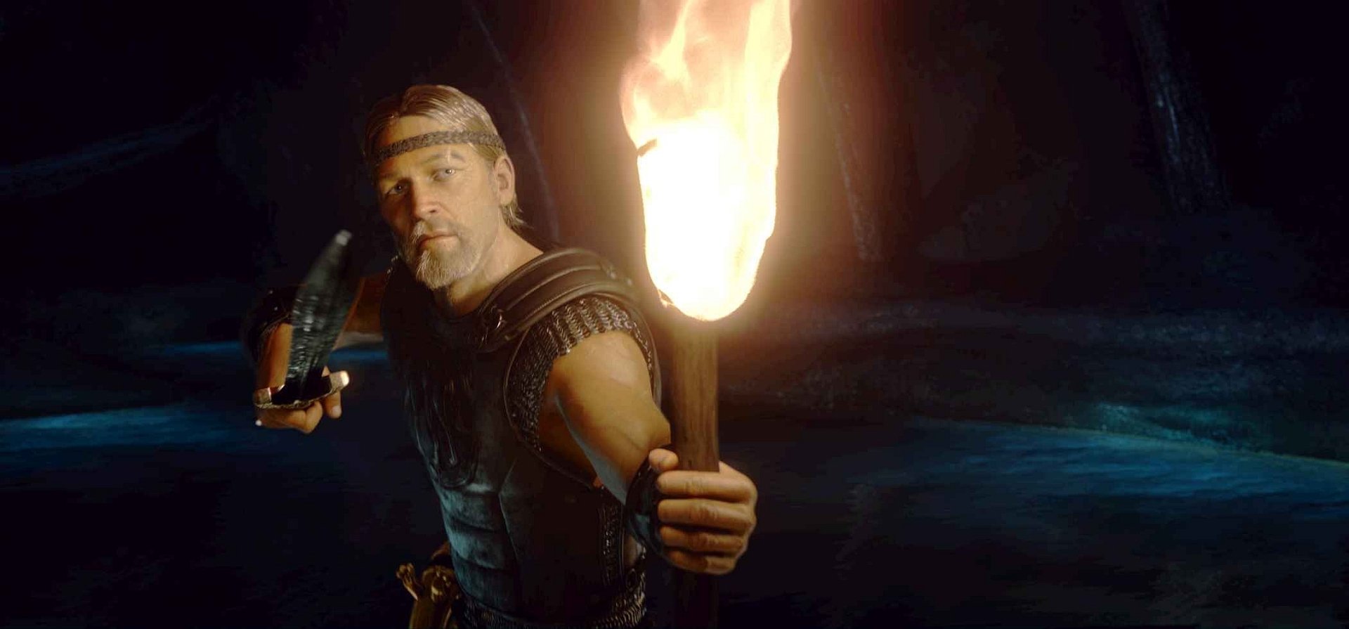 Beowulf (2007) HD Wallpaper – Epic Movie Hero with Fiery Torch