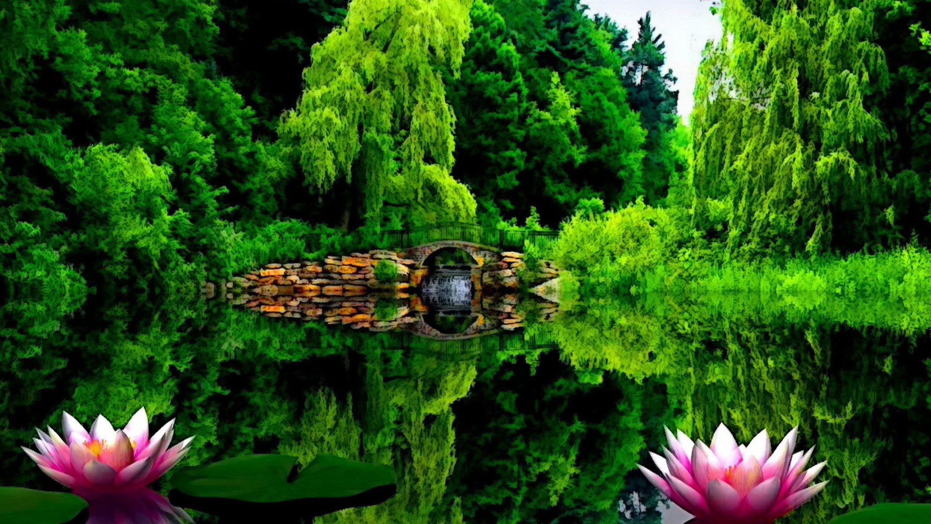 Serene Green Bridge Over River with Water Lilies — Artistic HD Wallpaper