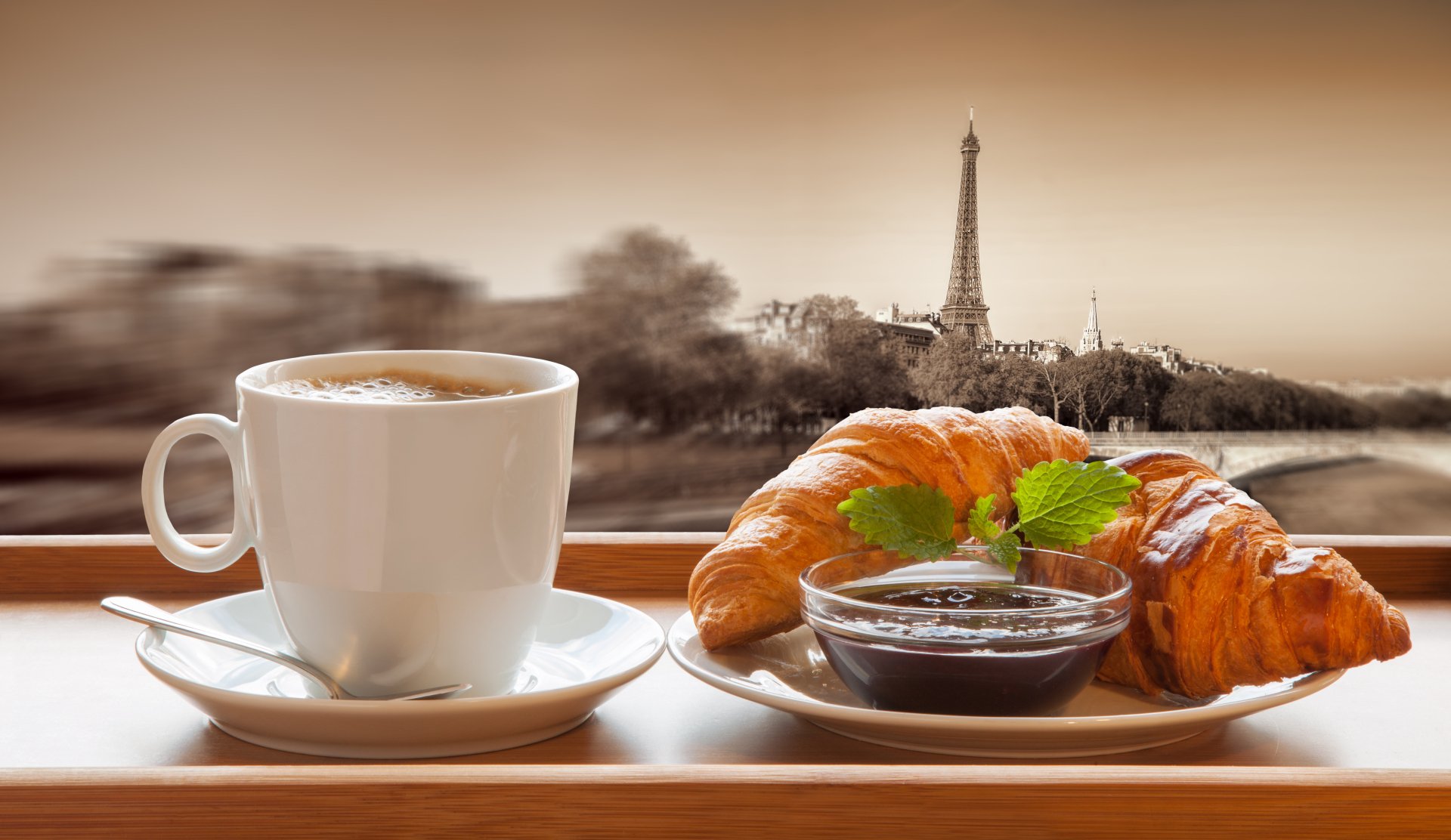 Parisian Breakfast Bliss: Coffee, Croissant & Chocolate with Eiffel ...