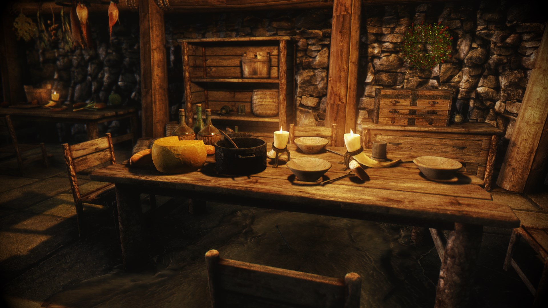 HD Wallpaper of Skyrim: A Cozy Dining Scene