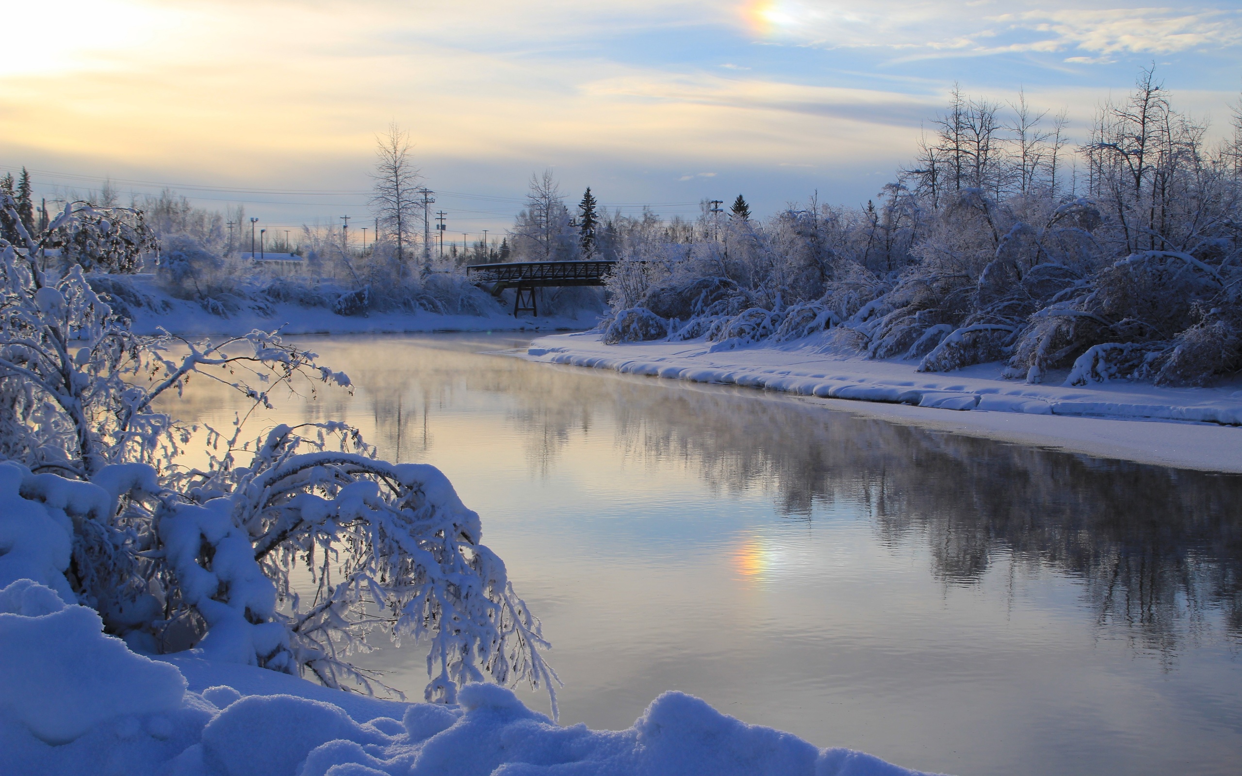 Download River Snow Bridge Nature Winter HD Wallpaper