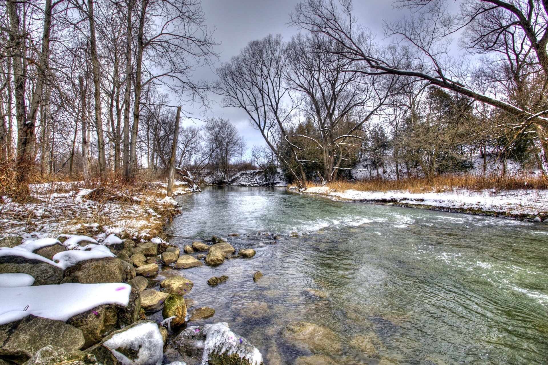 Download HDR Winter Snow Stone Nature River 4k Ultra HD Wallpaper