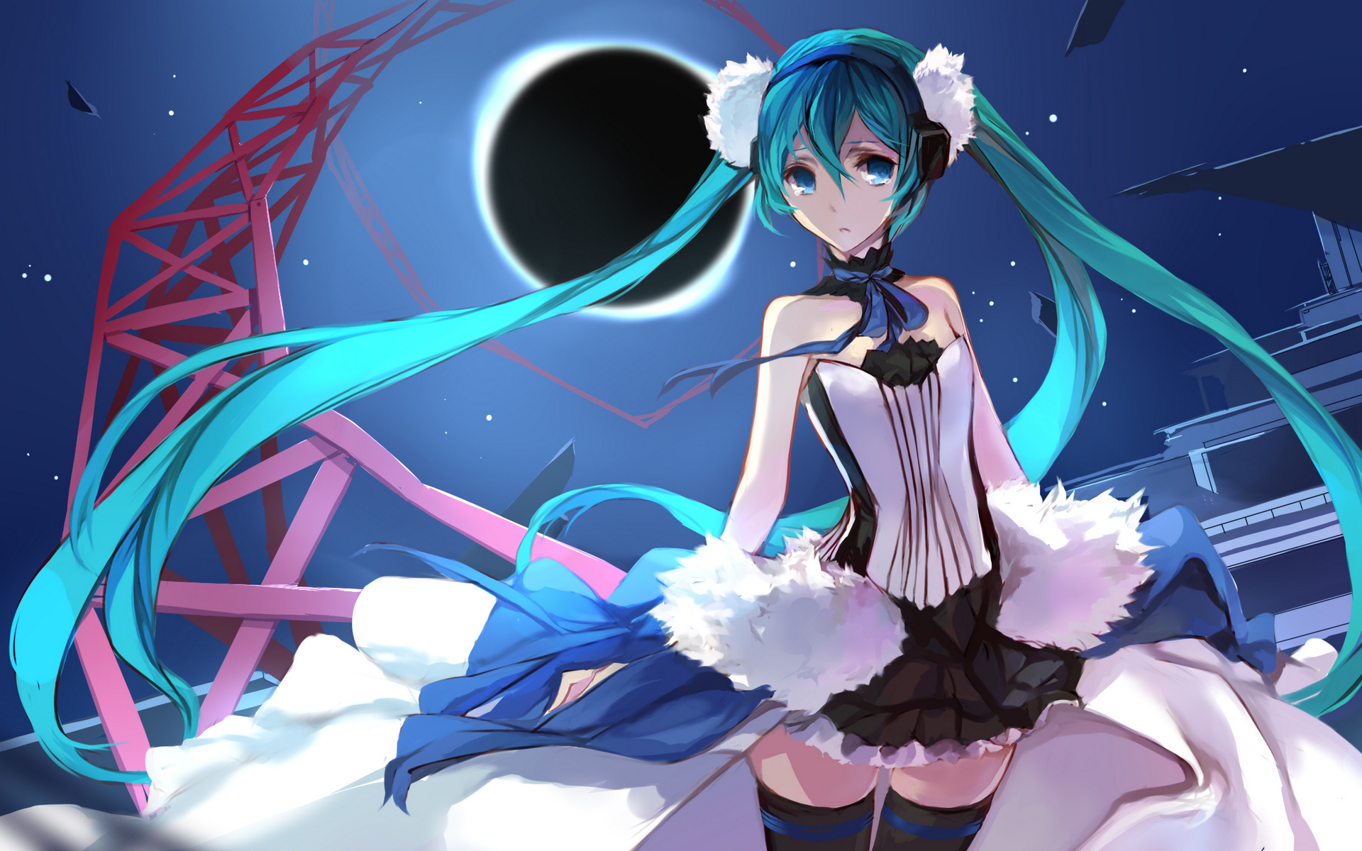 Moonlit Melody: Hatsune Miku in White Dress Under Eclipse