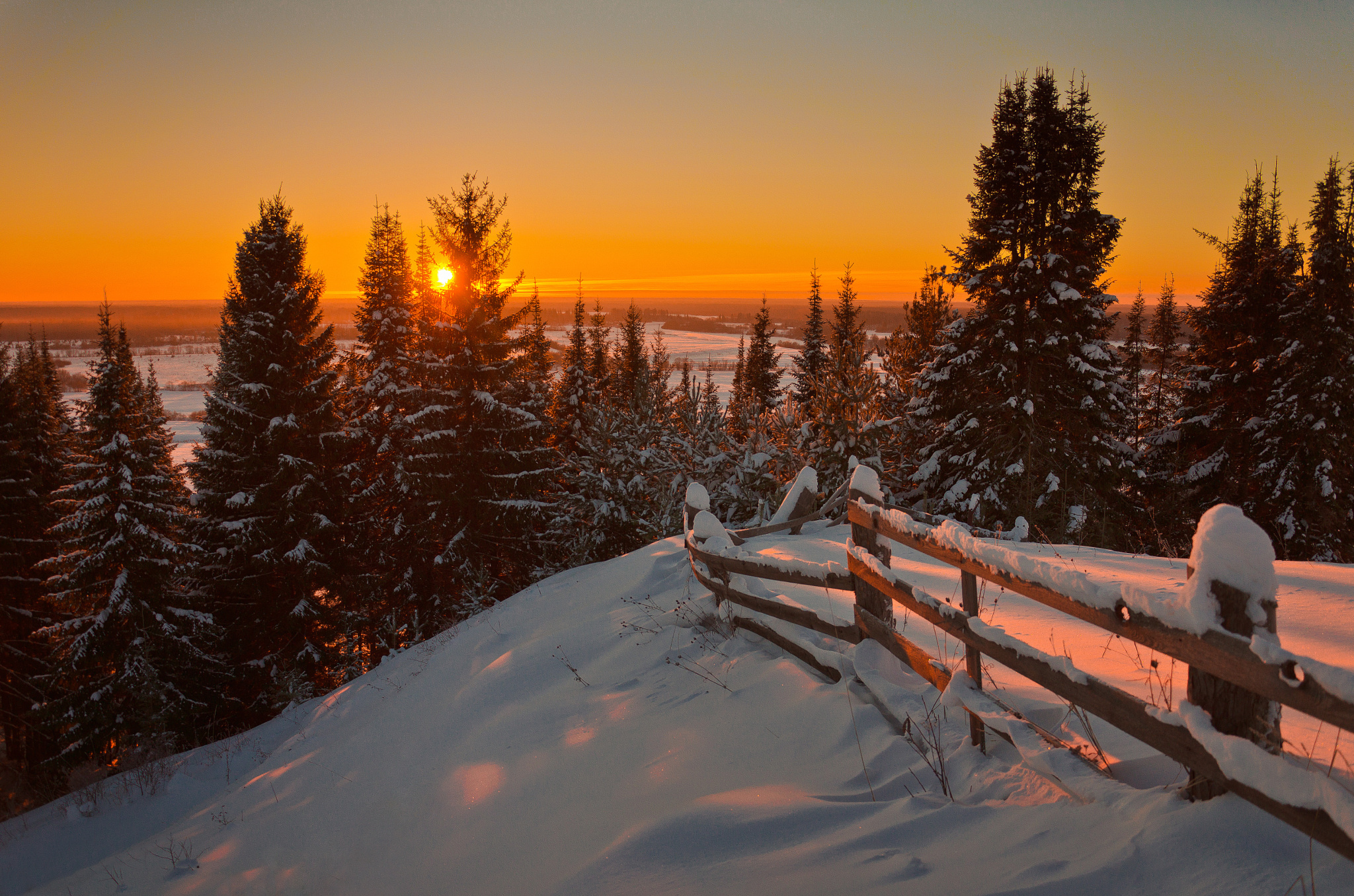 Winter Sunset Serenity: Snow-Covered Trees and Fence HD Wallpaper