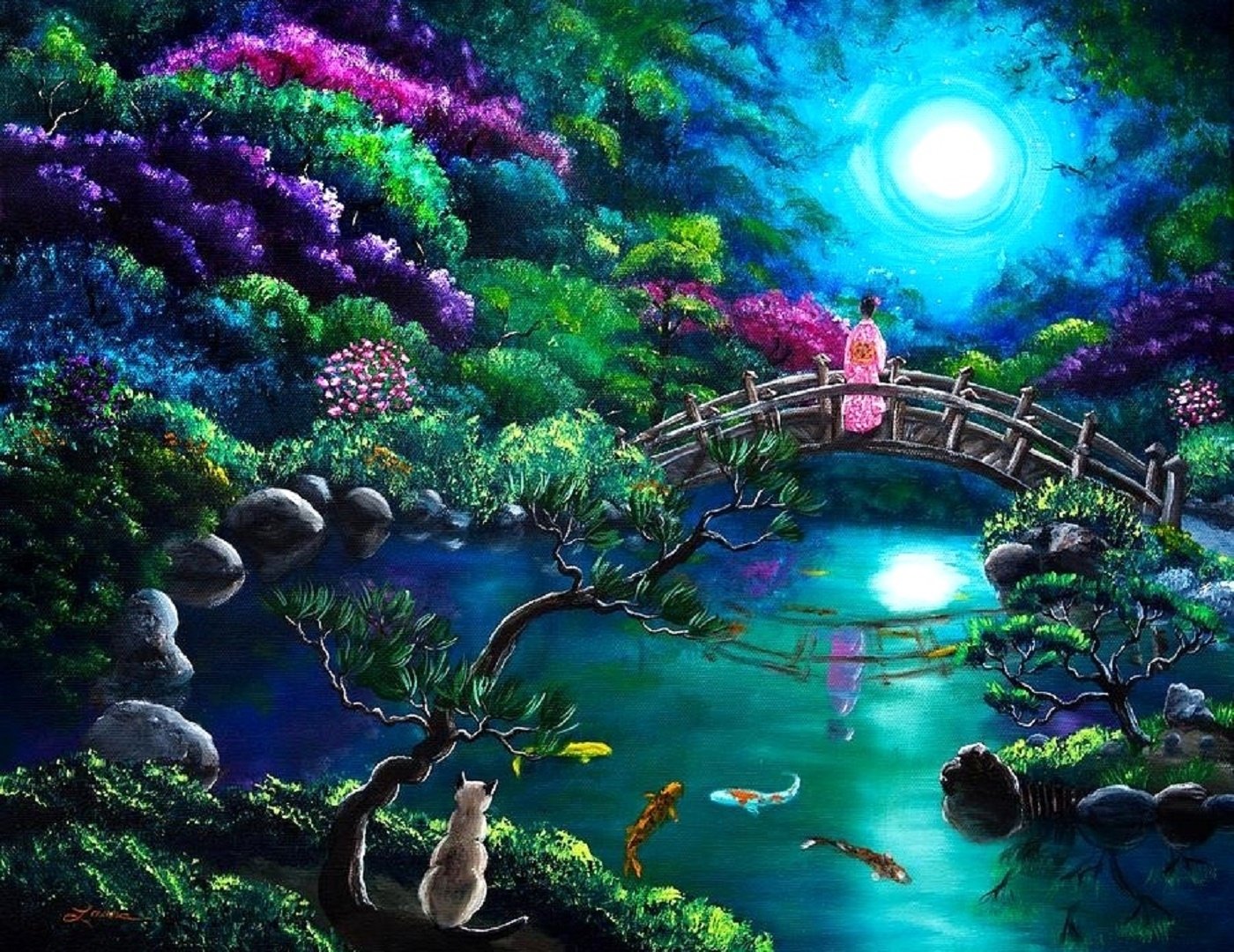 Moonlit Geisha on a Floral Bridge — Colorful HD Wallpaper | 1400x1080 ...