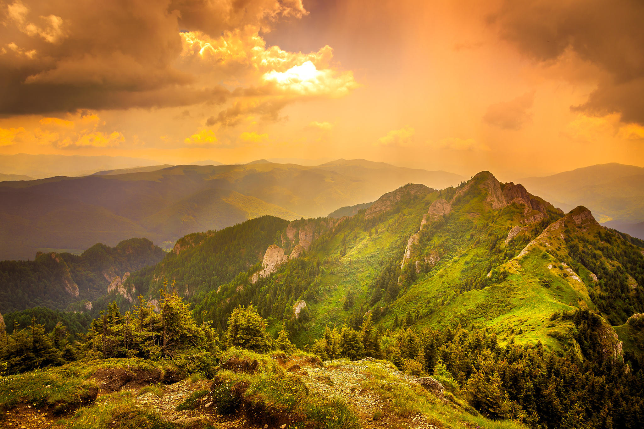Sunlit Romanian Mountain Landscape: Clouds Over Forested Peaks HD ...