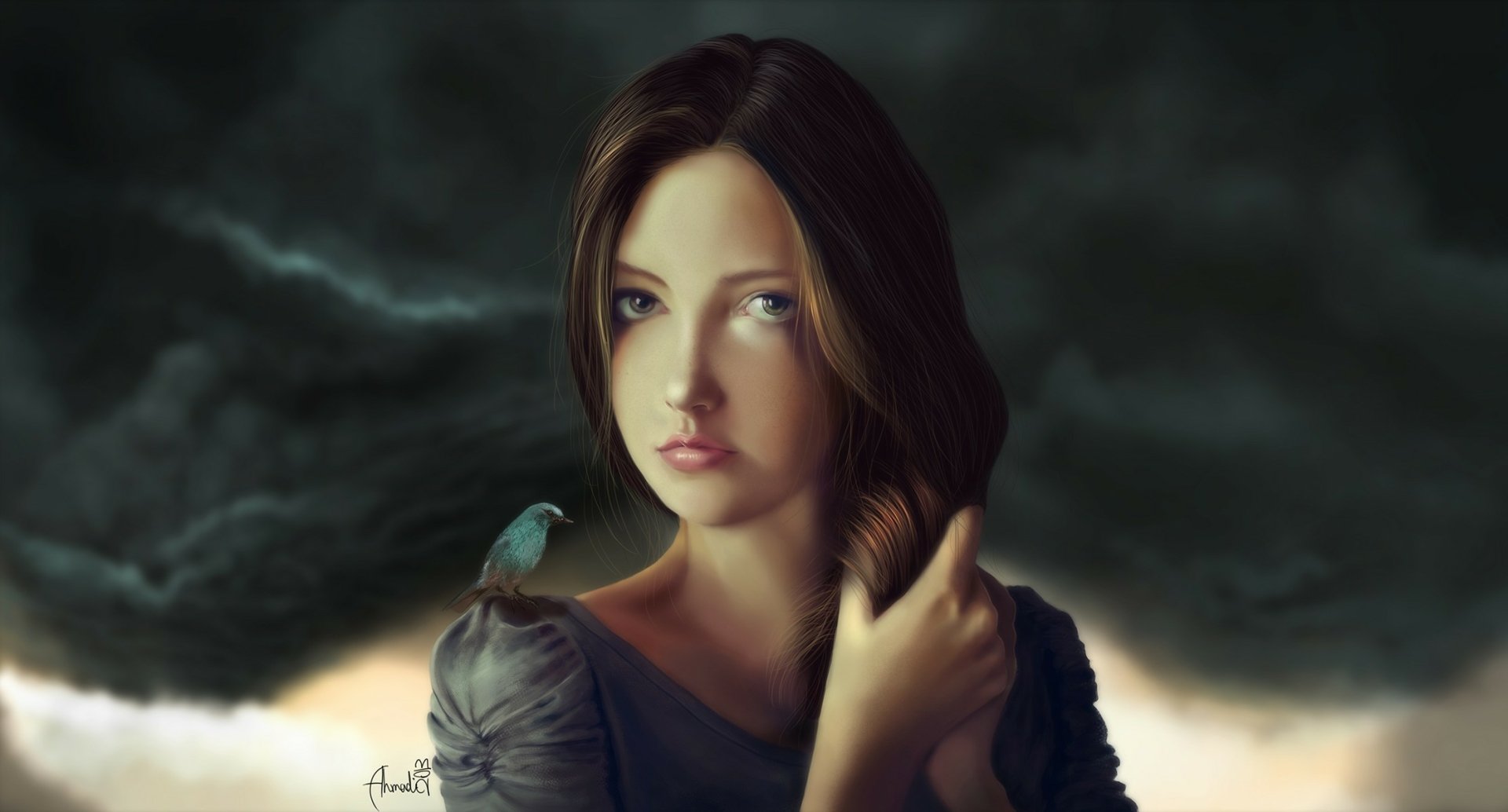 Download Green Eyes Bird Brunette Fantasy Woman HD Wallpaper