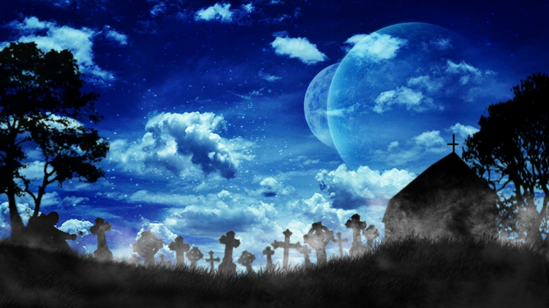 Download Star Cloud Cross Gravestone Church Silhouette Tree Planet Blue ...
