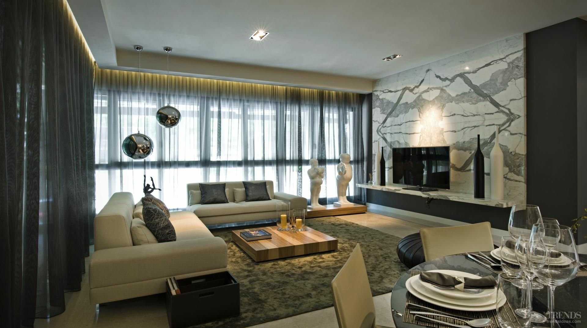 Modern Lounge: Stylish Couch & TV Setup by Window – HD Room Wallpaper