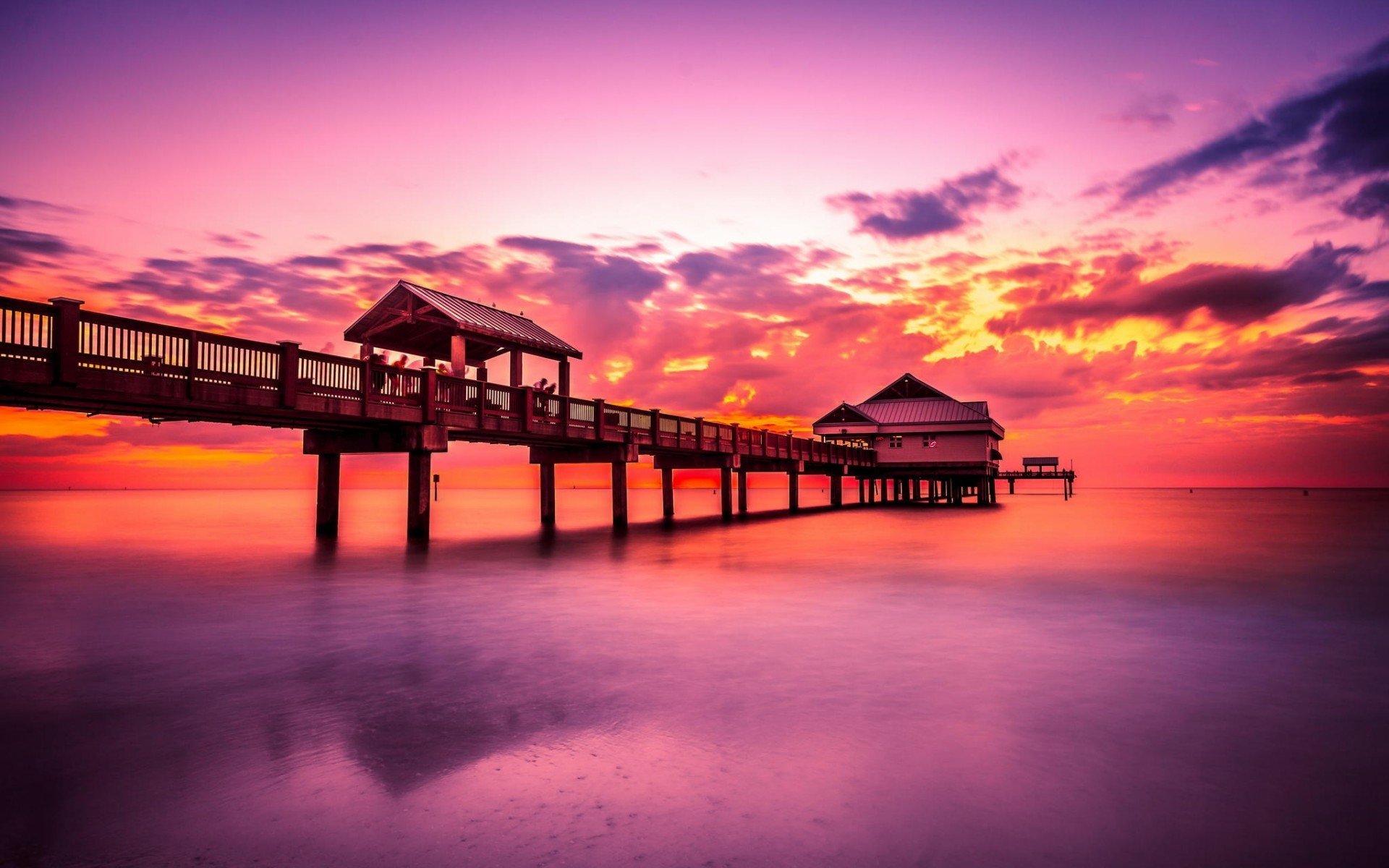 Download Horizon Purple Pink Sky Sunset Ocean Man Made Pier HD Wallpaper