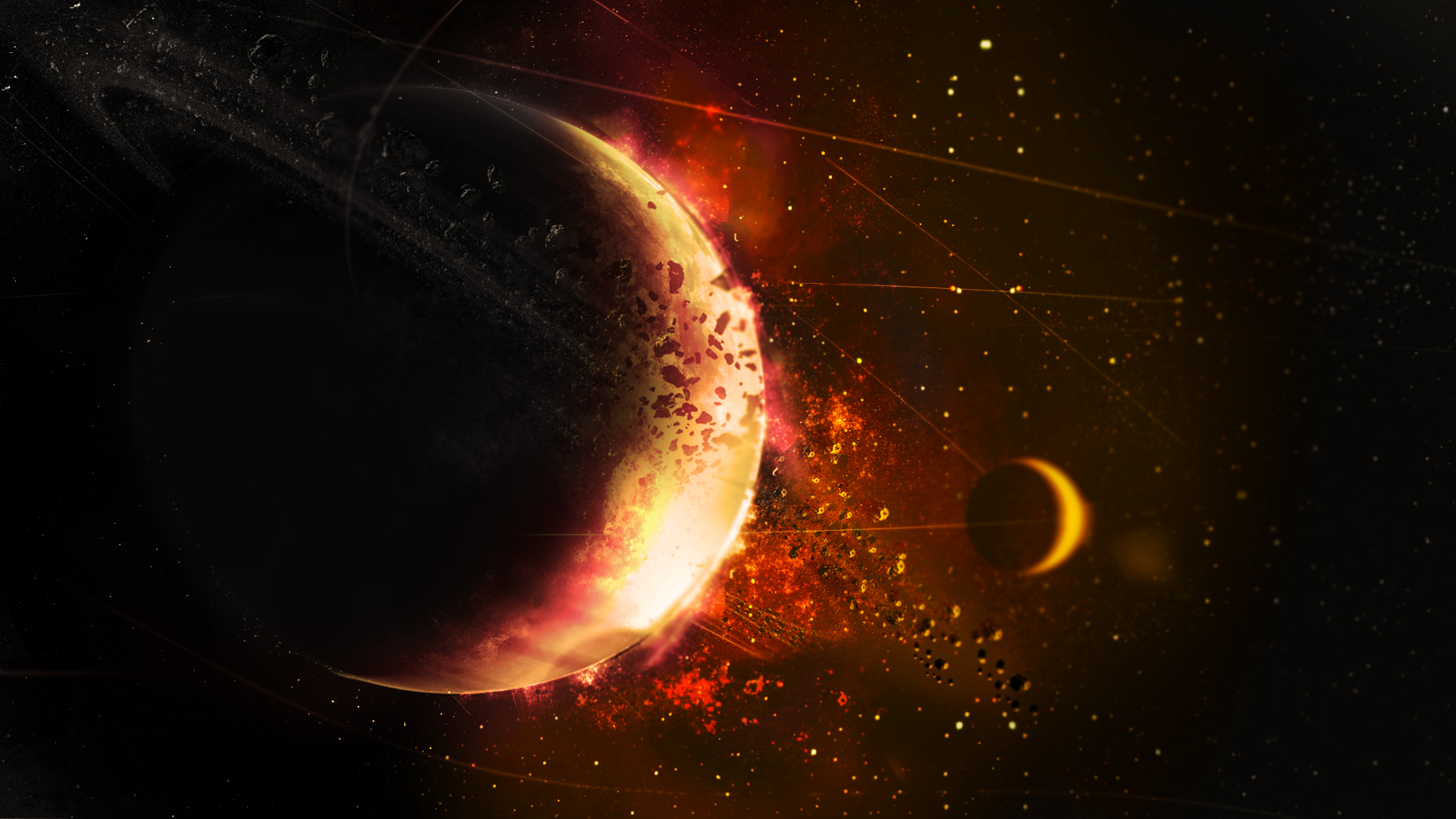 Epic Sci-Fi Planet HD Wallpaper: Fiery Cosmic Collision