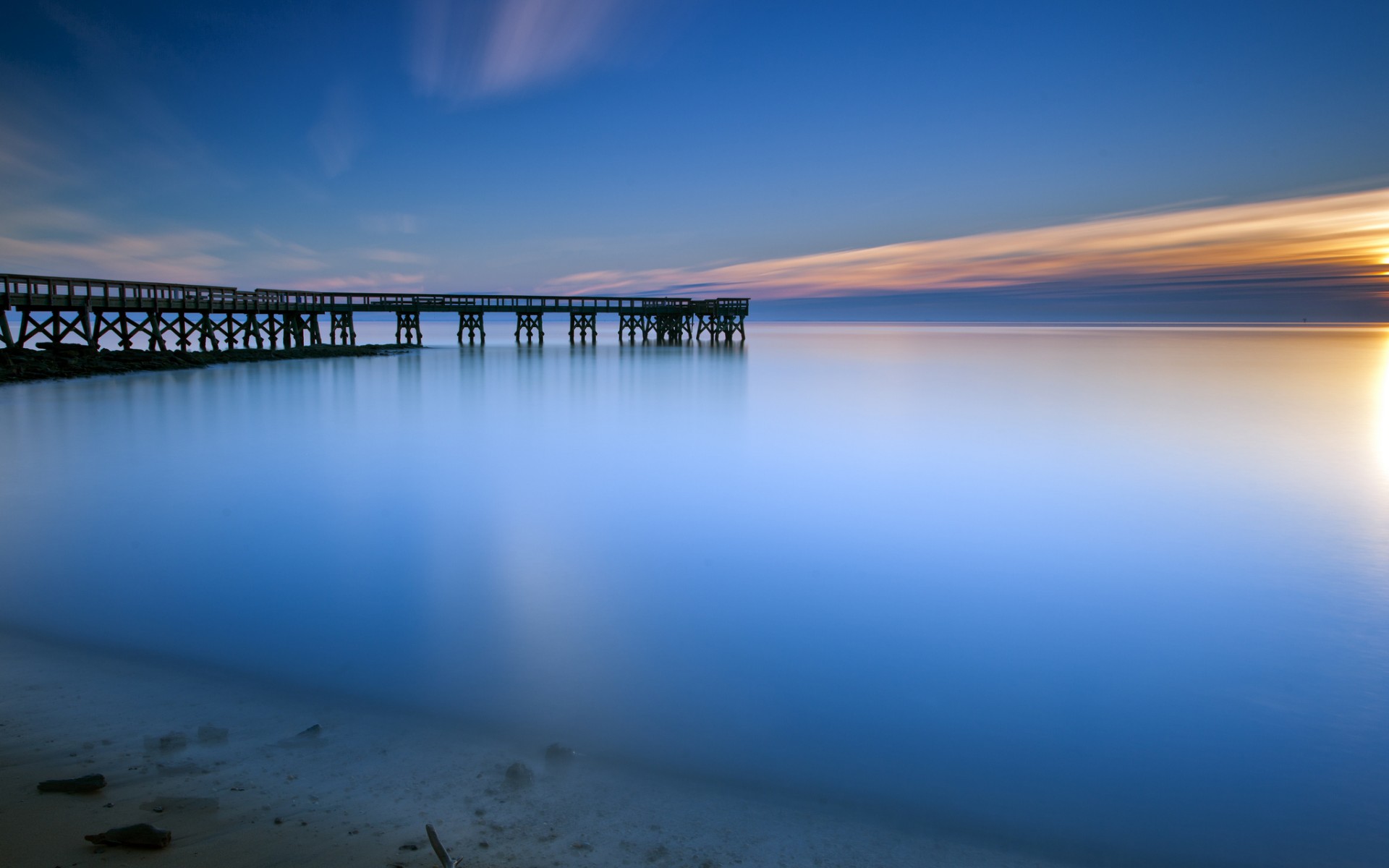 Download Horizon Sea Ocean Blue Sky Sunset Man Made Pier HD Wallpaper