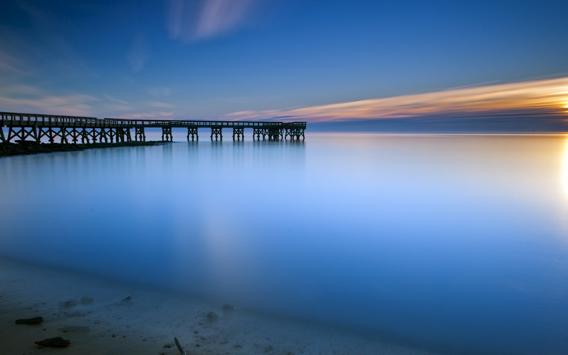 Download Horizon Sea Ocean Blue Sky Sunset Man Made Pier HD Wallpaper
