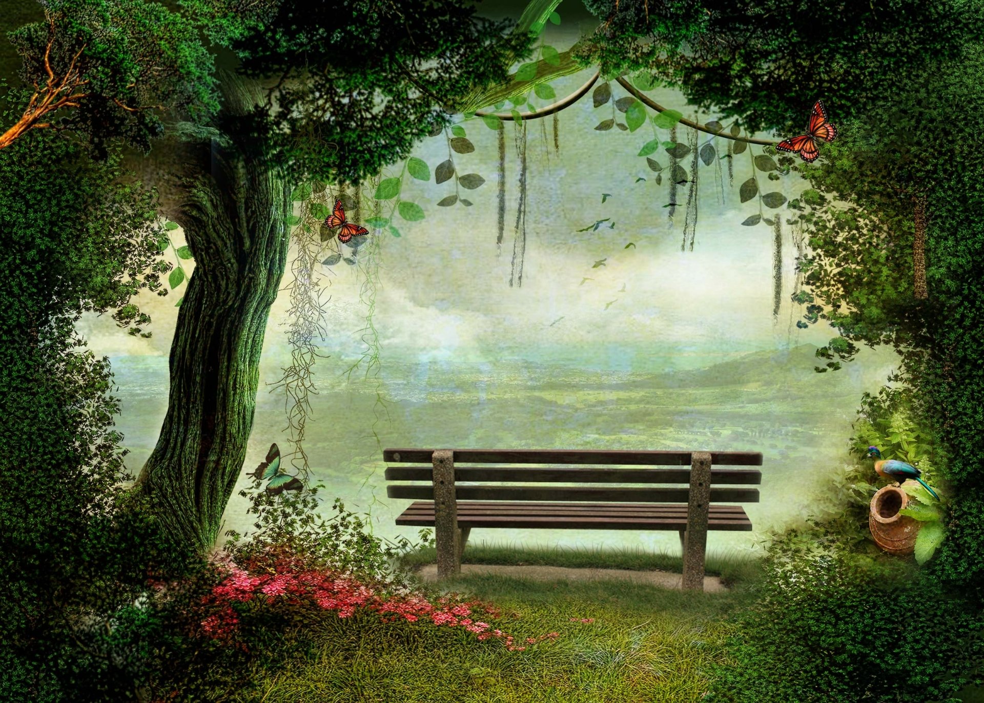 Download Tree Butterfly Flower Bench Artistic Spring HD Wallpaper by ...