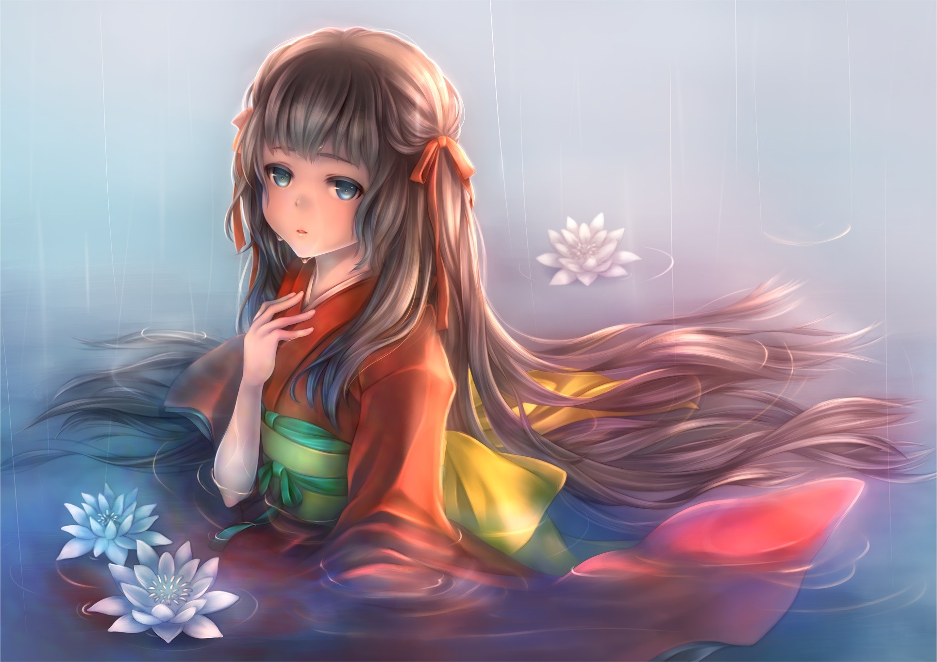 Download Water Rain Long Hair Kimono Flower Anime Woman Rain Anime HD ...