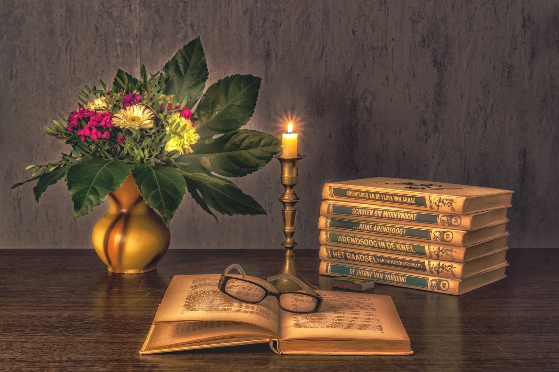 Download Flower Glasses Candle Book Photography Still Life HD Wallpaper