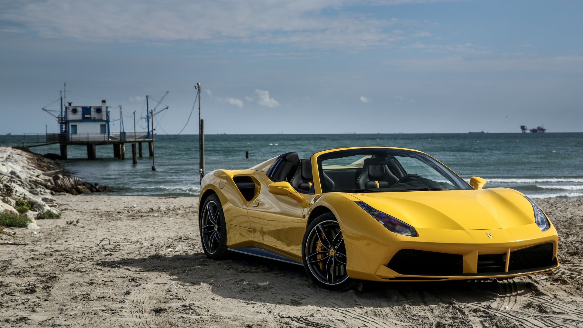 Download Yellow Car Beach Car Ferrari Vehicle Ferrari 488 HD Wallpaper