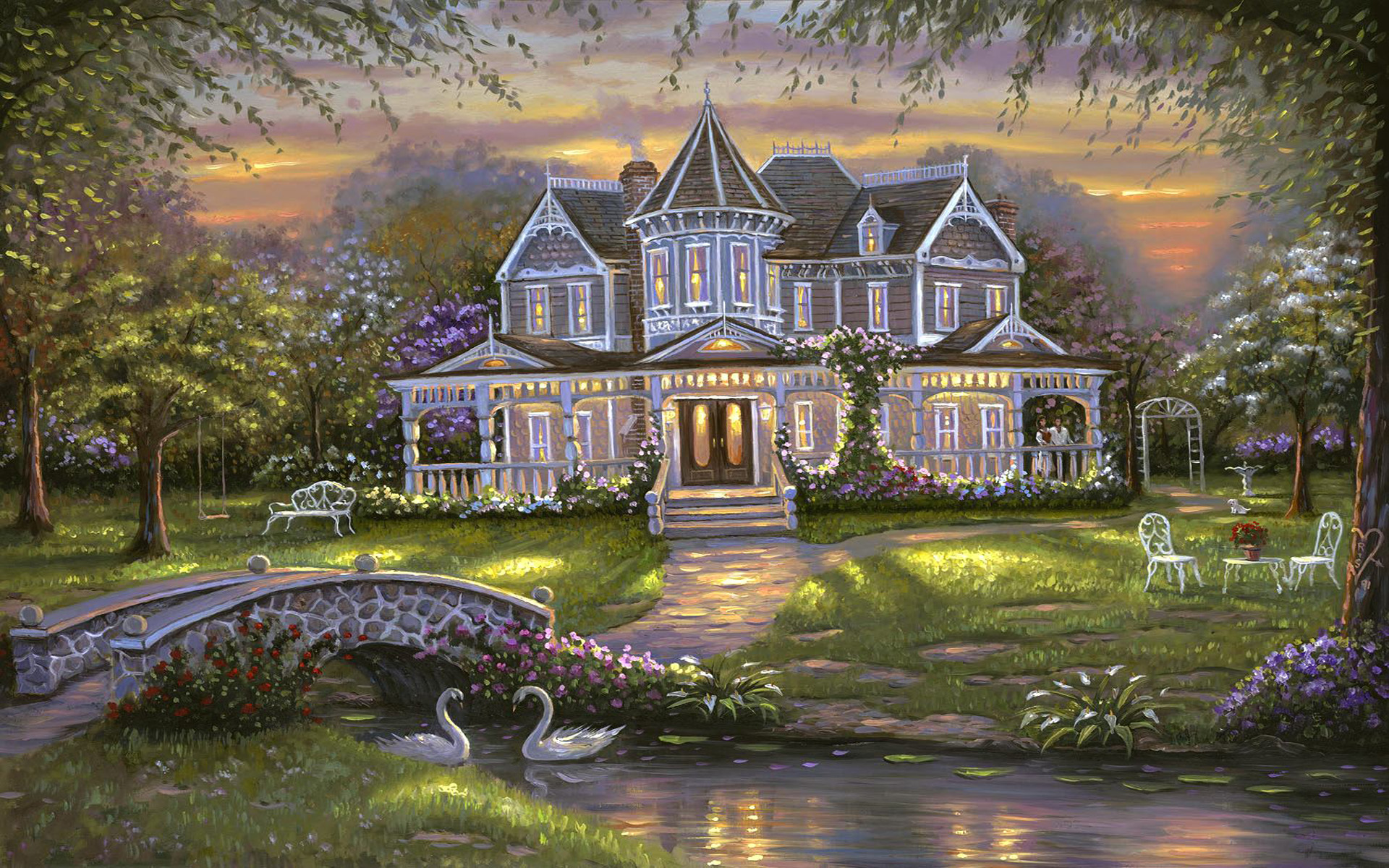 Download Flower Tree Swan Bridge Spring Artistic House HD Wallpaper by ...