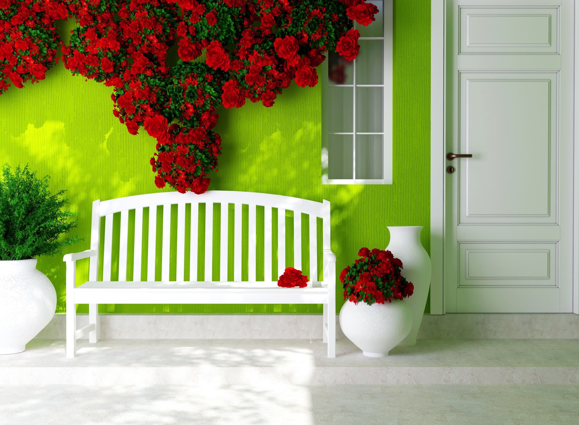 Download Red Flower Vase Flower Bench Man Made Door 4k Ultra HD Wallpaper