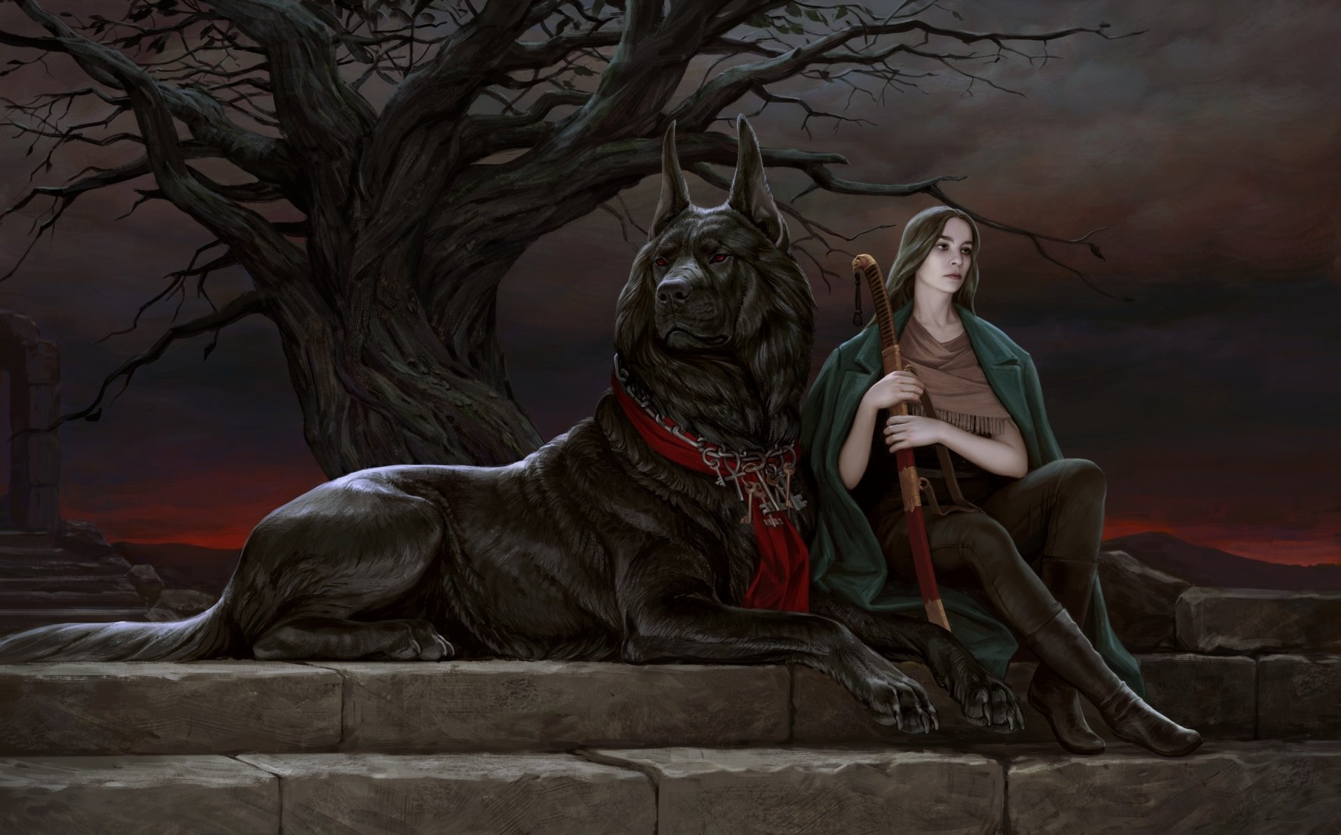 Fantasy Warrior & Dog: HD Wallpaper of Strength Beneath the Tree by ...