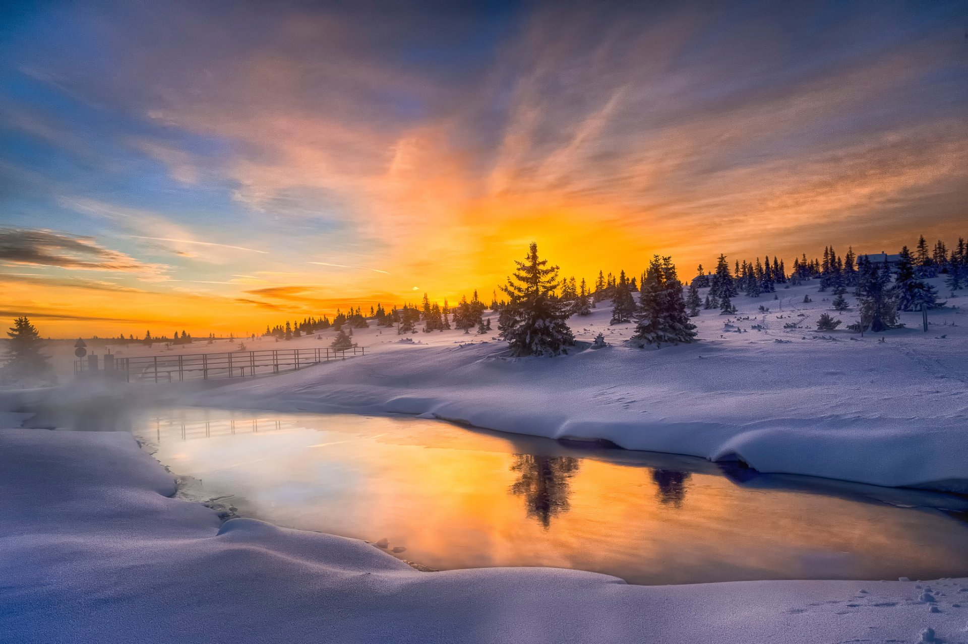 Winter Glow: Norway’s Snow-Covered Trees by a Serene Sunset Pond
