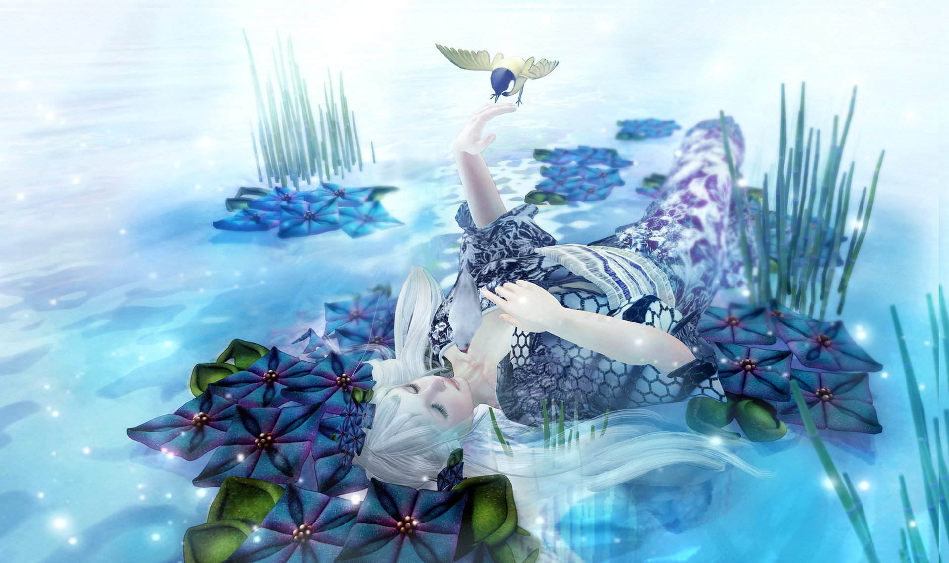 Download Bird Lying Down Flower Blue Ocean Fantasy Woman HD Wallpaper