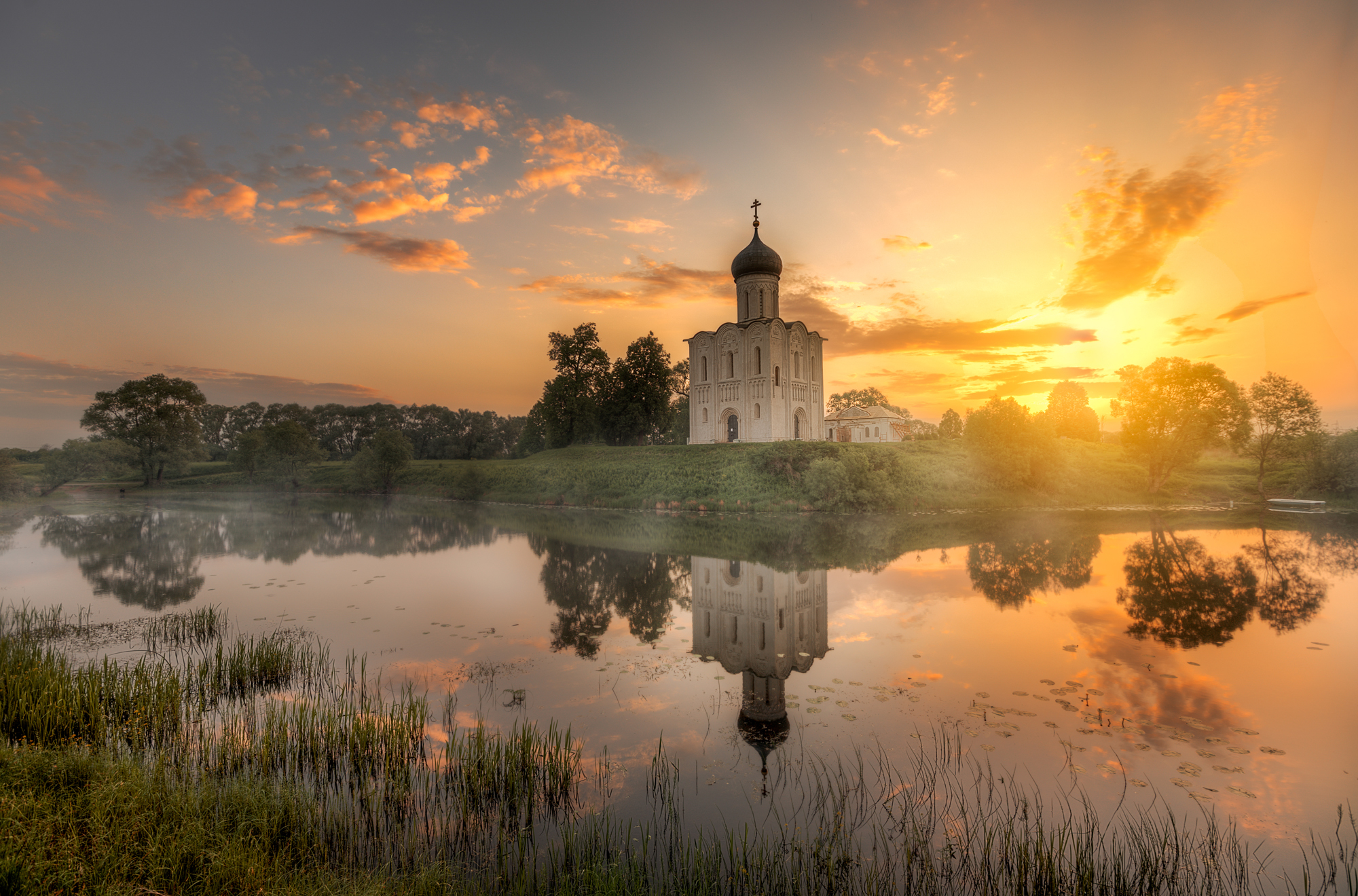 Download Building Reflection Sunrise Lake Religious Church HD Wallpaper