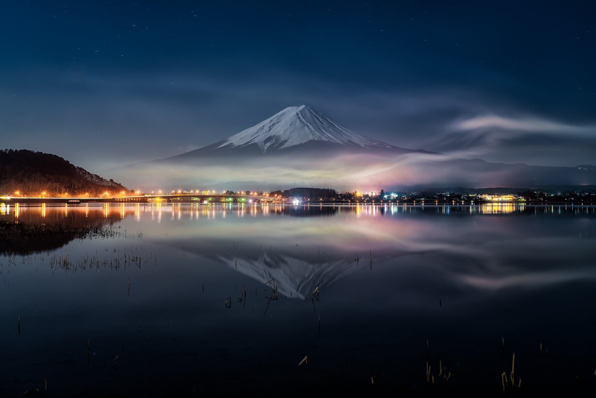 Download Fog Light Reflection Lake Night Volcano Japan Nature Mount ...