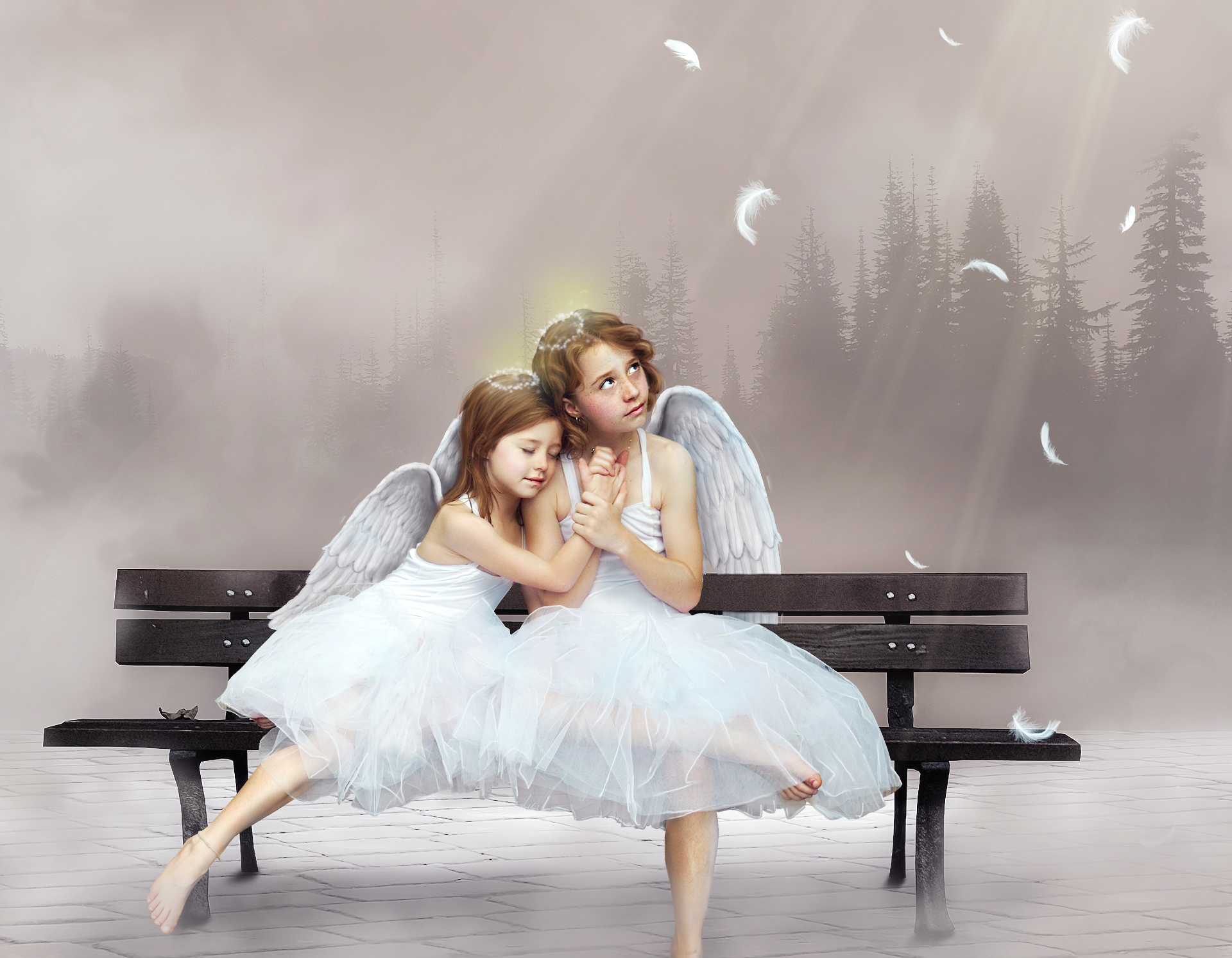 Heavenly Embrace: Angelic Girls on a Misty Bench - Fantasy HD Wallpaper