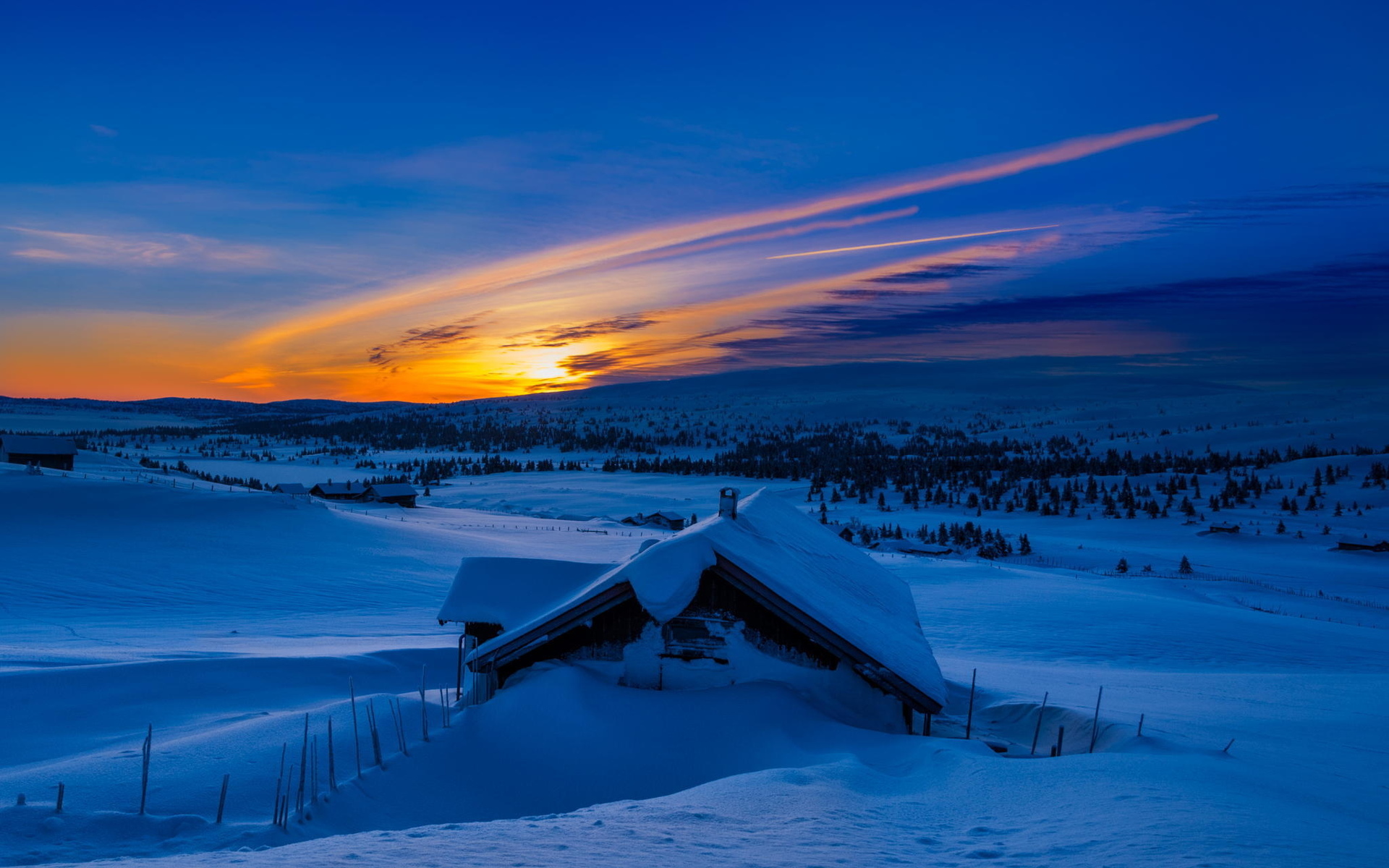 Download Landscape Sunset Cabin Snow Photography Winter HD Wallpaper