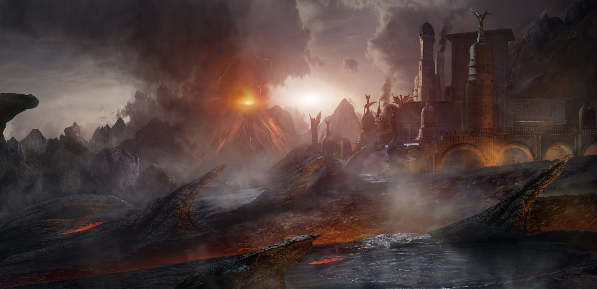 Volcanic Dawn Over Dark Ancient Ruins – HD Landscape Wallpaper by Scott ...