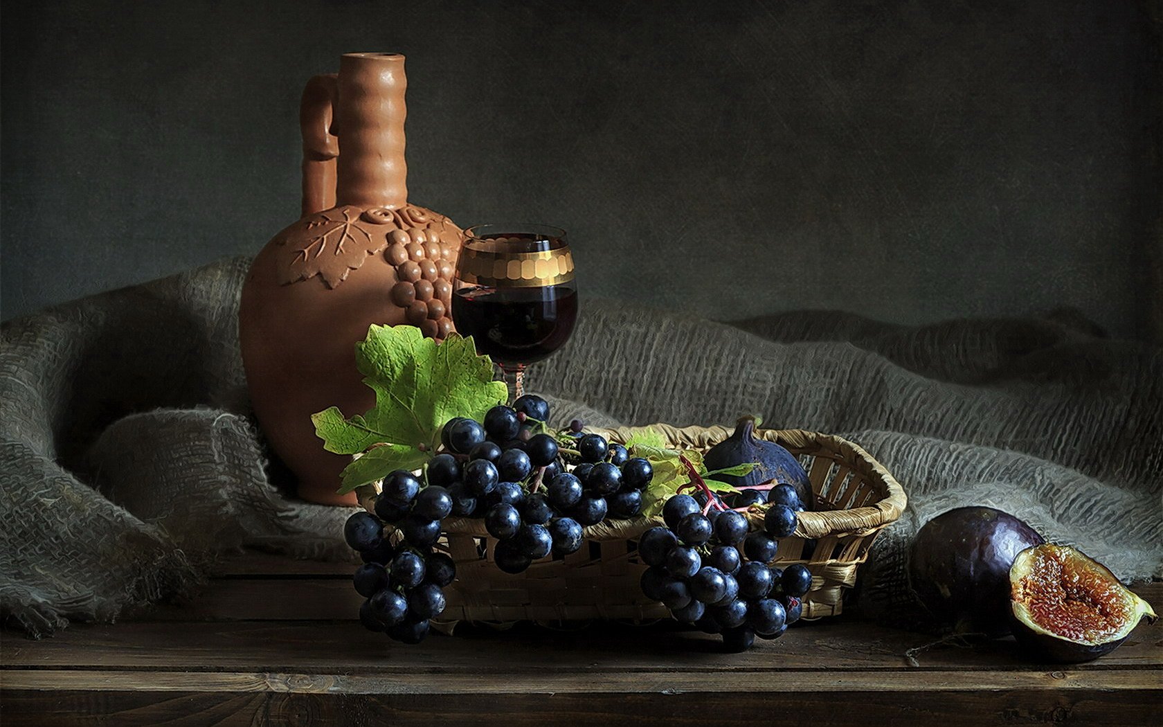Elegant Still Life: Grapes, Wine, and Rustic Pitcher in HD